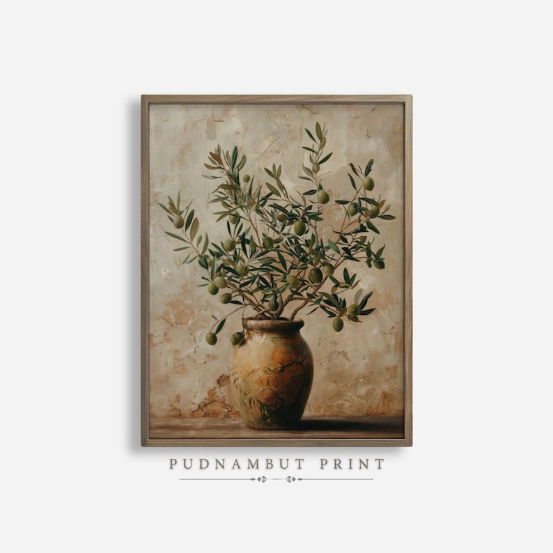 Rustic Olive Tree Print in Aged Vase, Neutral Olive Tree Digital Art ...