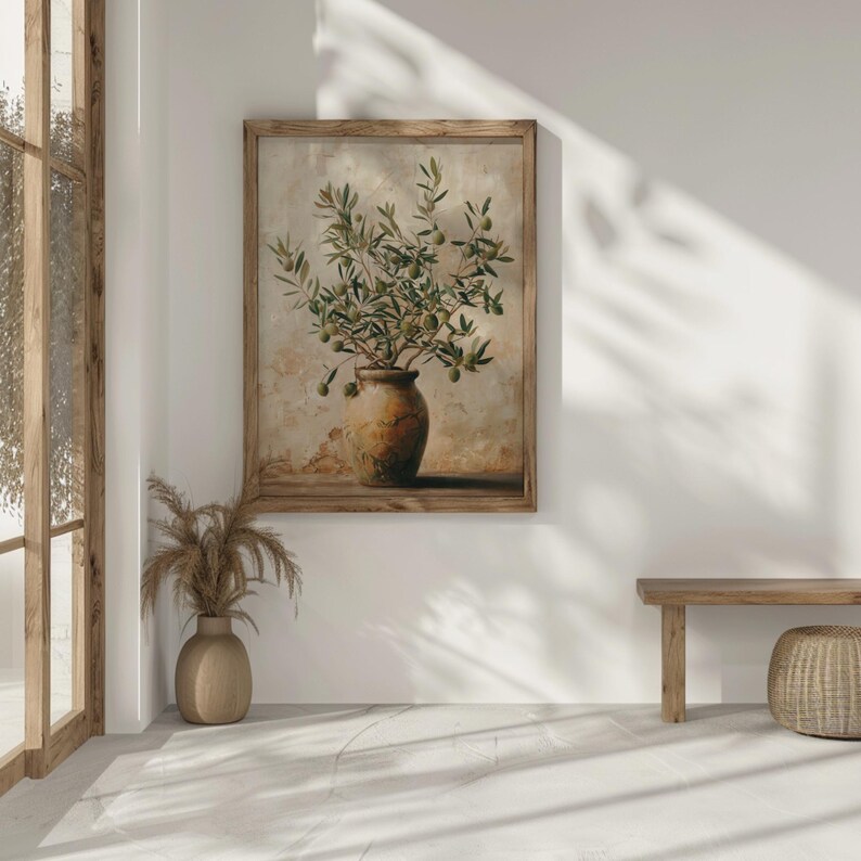 Rustic Olive Tree Print in Aged Vase, Neutral Olive Tree Digital Art ...