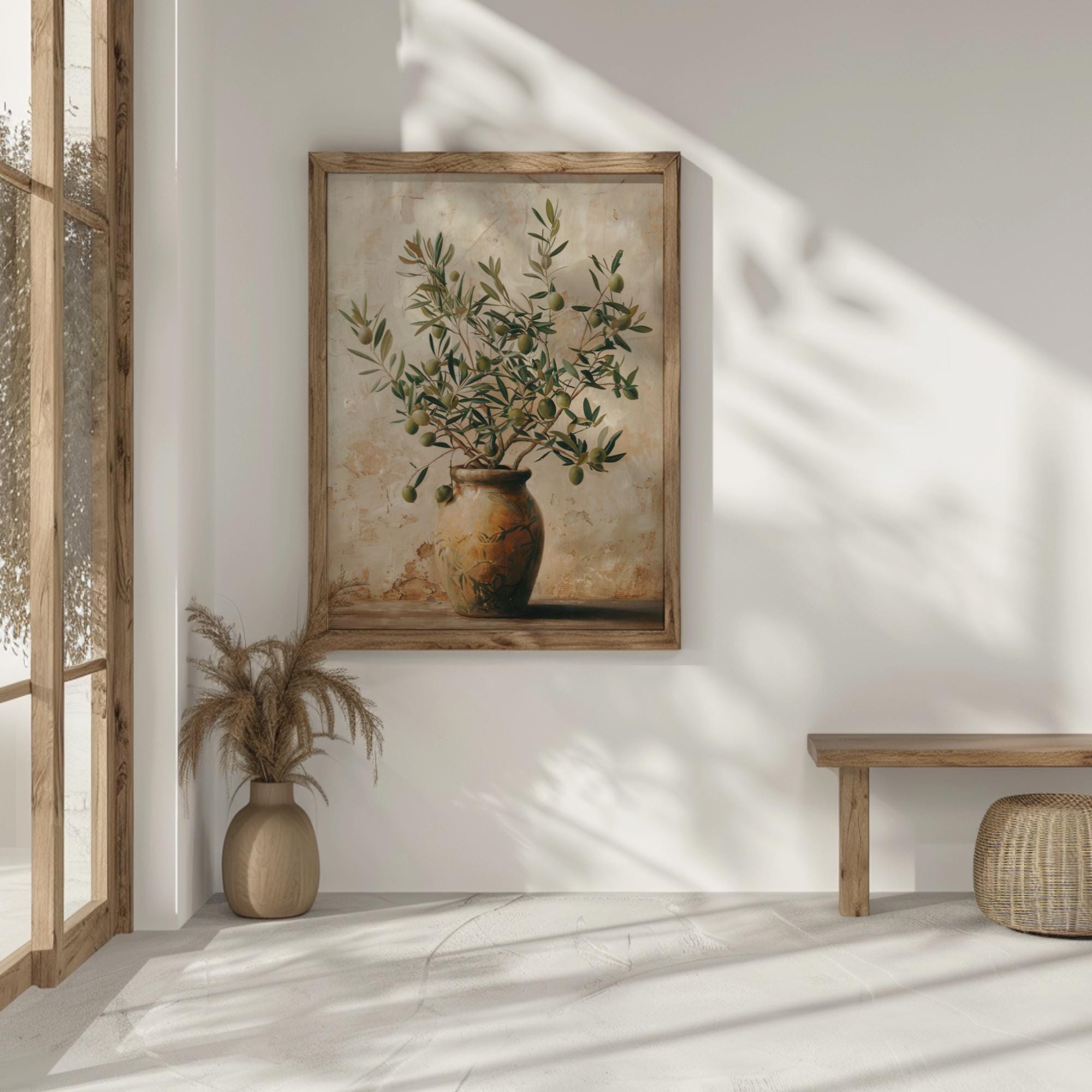 Rustic Olive Tree Print in Aged Vase, Neutral Olive Tree Digital Art ...