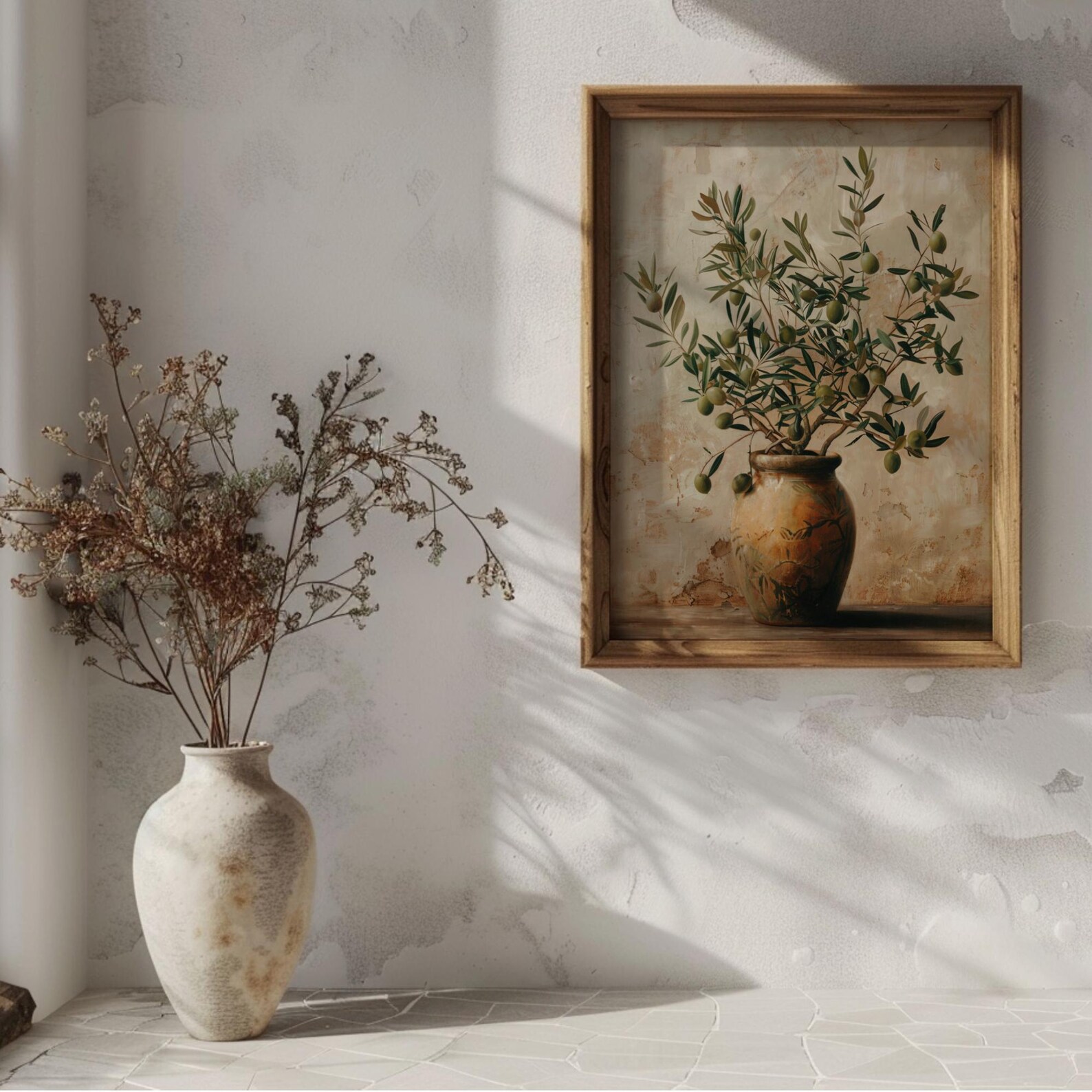 Rustic Olive Tree Print in Aged Vase, Neutral Olive Tree Digital Art ...