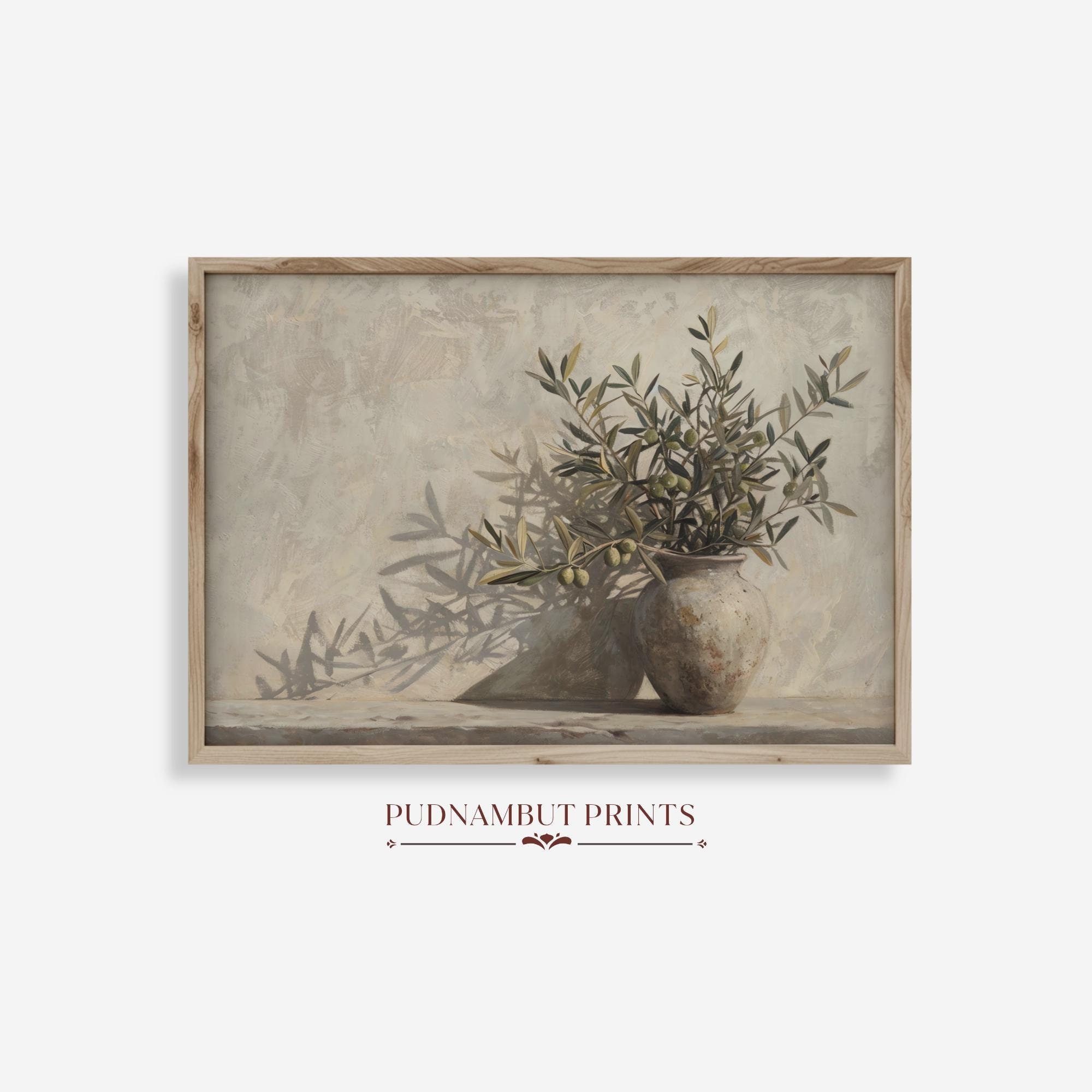 Olive Tree in Vase Painting, Vintage Olive Branch Print, Neutral Tone ...