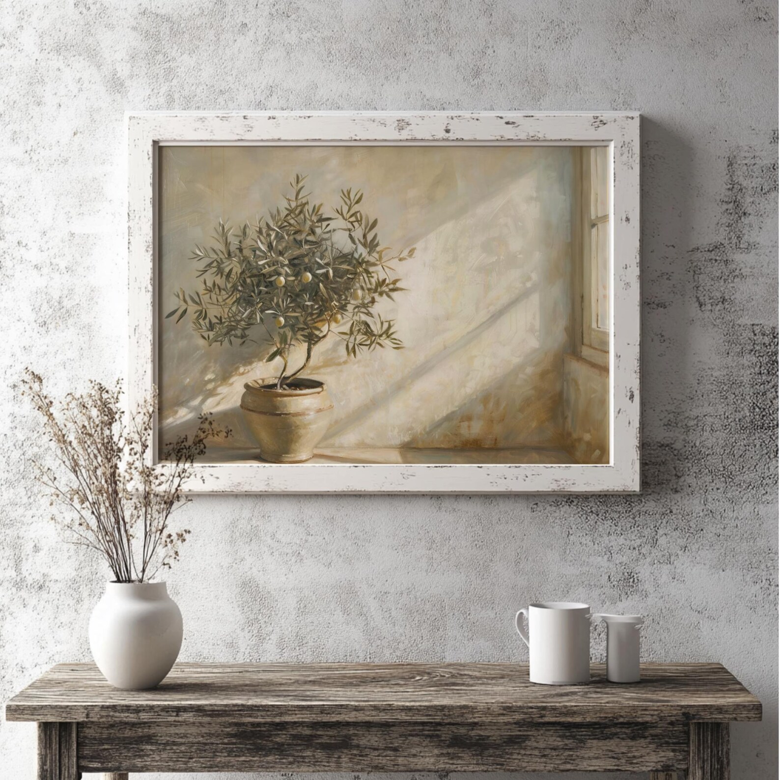 Rustic Olive Tree in Vase Art Print, Neutral Botanical Art, Vintage ...