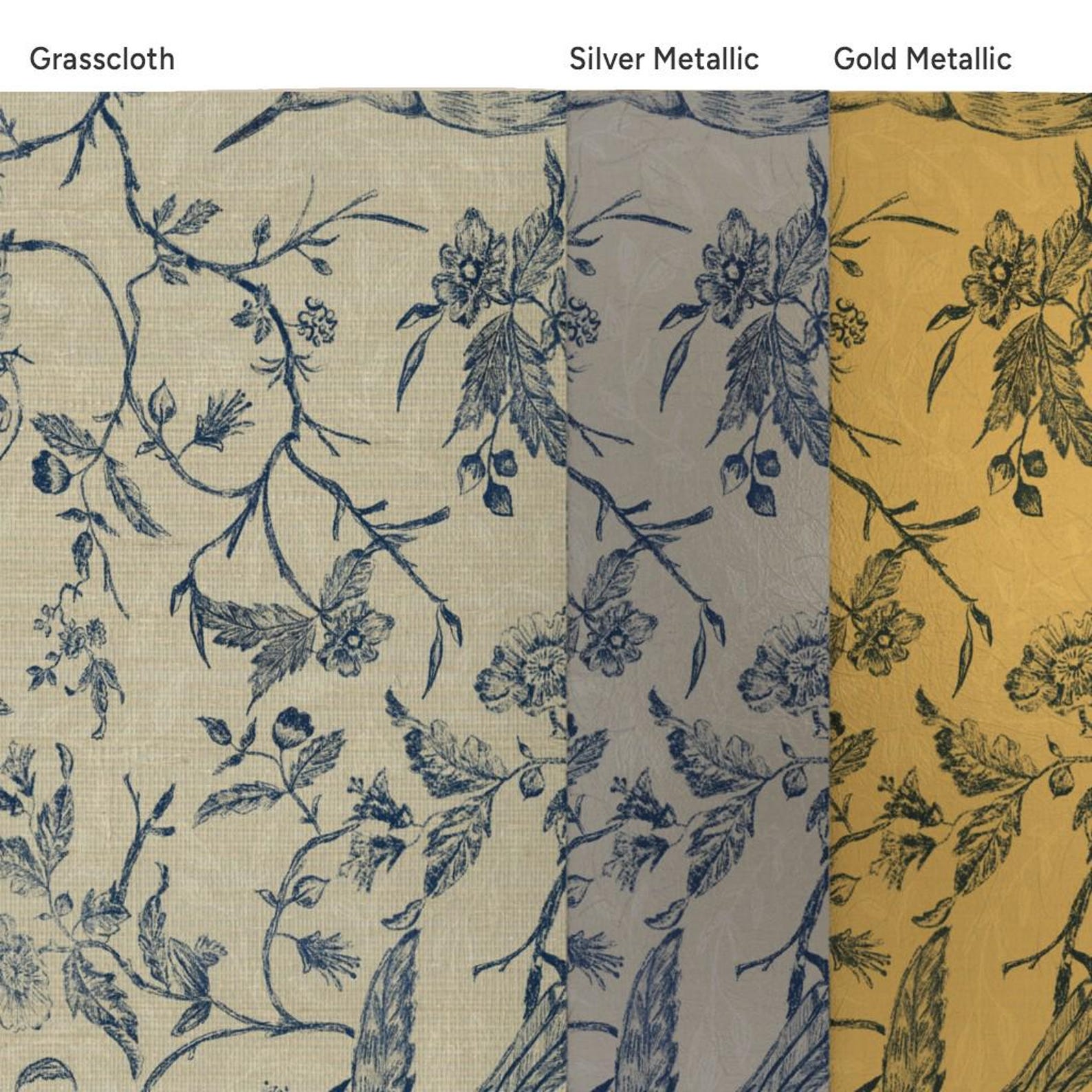 Blue Floral Toile Gold or Silver Metallic Wallpaper - Hummingbird Toile ...