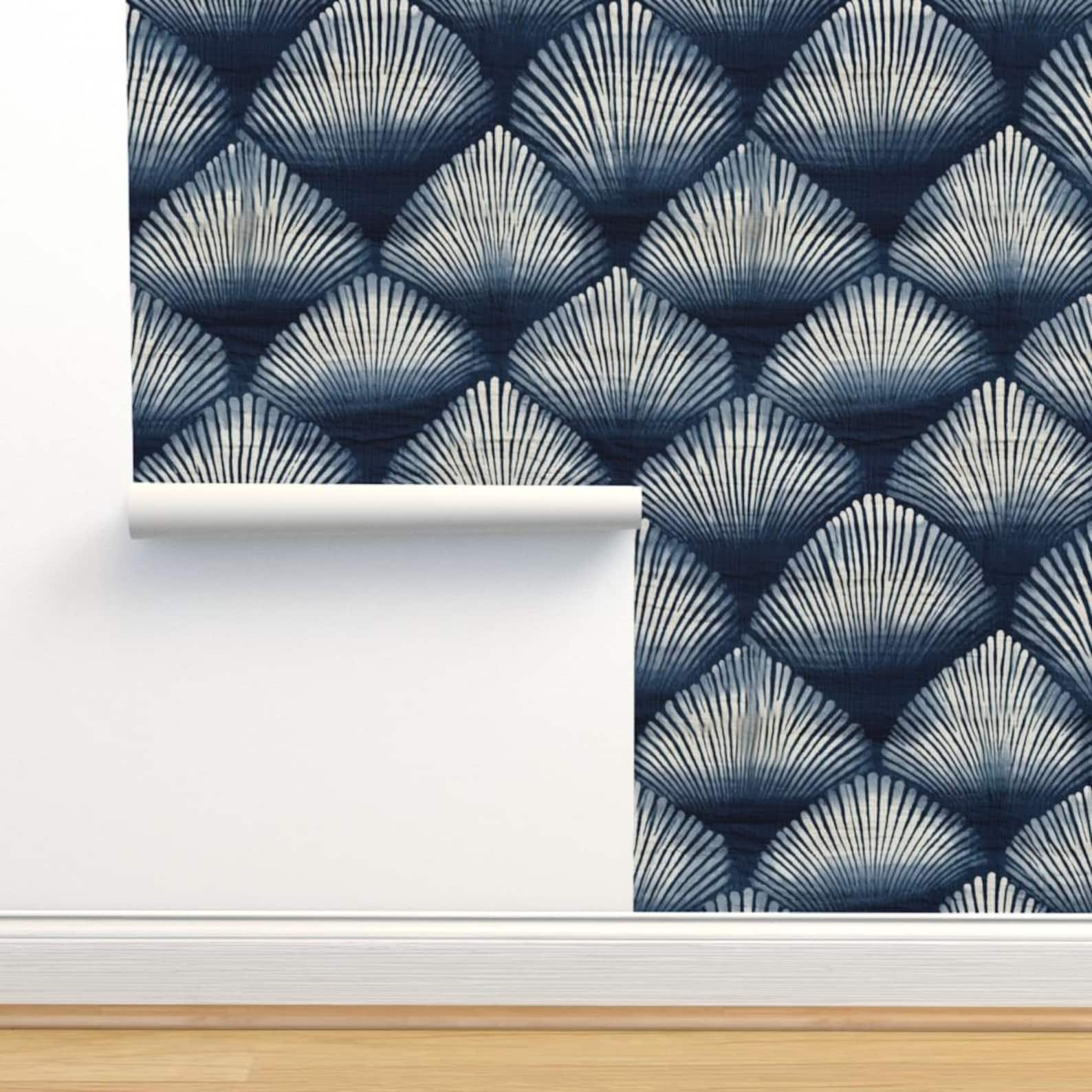 Indigo Shells Grasscloth Wallpaper - Indigo Shell by Bicoinu - Coastal ...