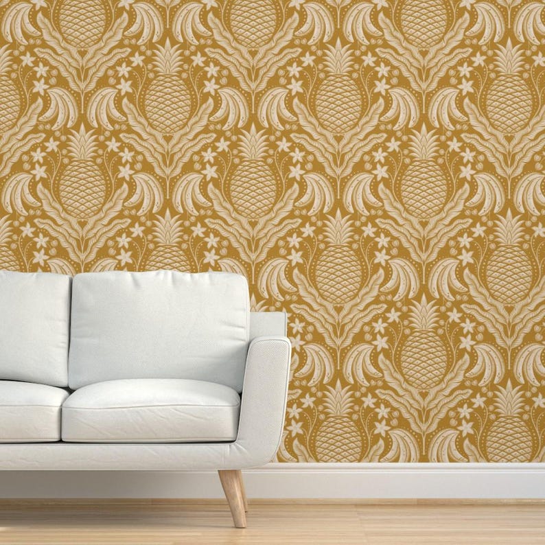 Pineapple Damask Grasscloth Wallpaper - Tropical Fruit Damask by Me ...