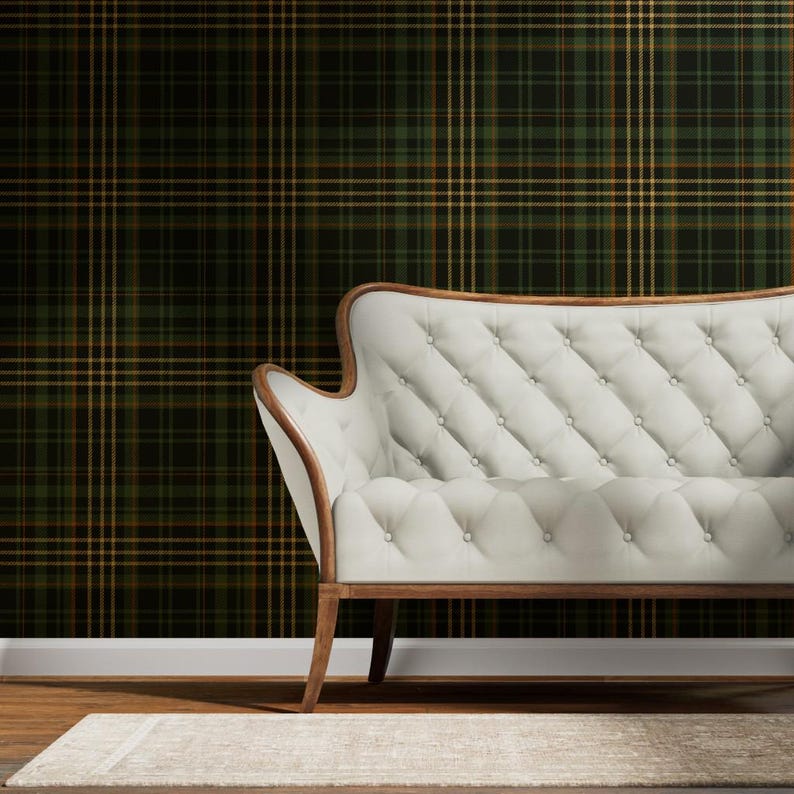 Dark Green Check Gold or Silver Metallic Wallpaper - Modern Tartan ...