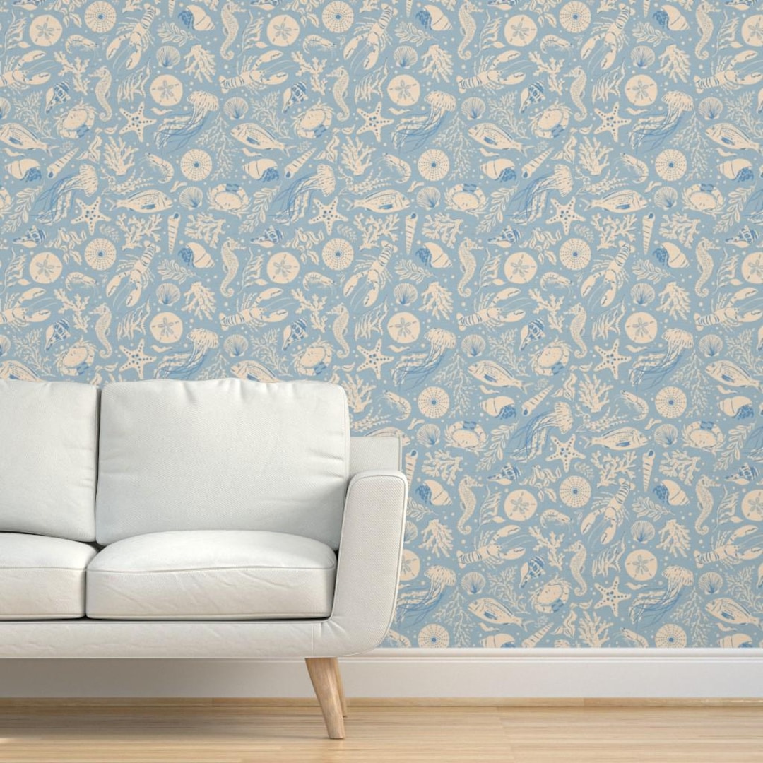 Baby Blue Beach Grasscloth Wallpaper - Painted Sea Creatures by ...
