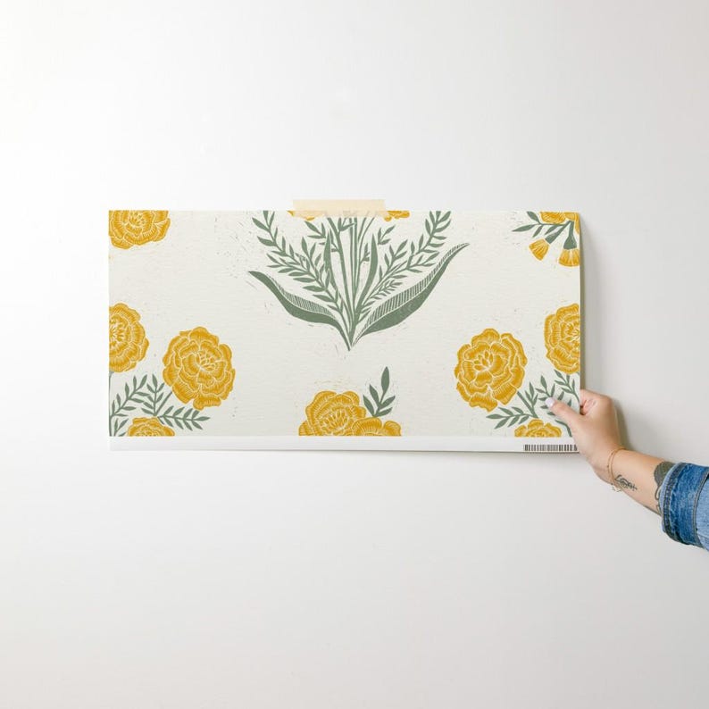 Block Print Floral Grasscloth Wallpaper - Golden Marigolds by ...