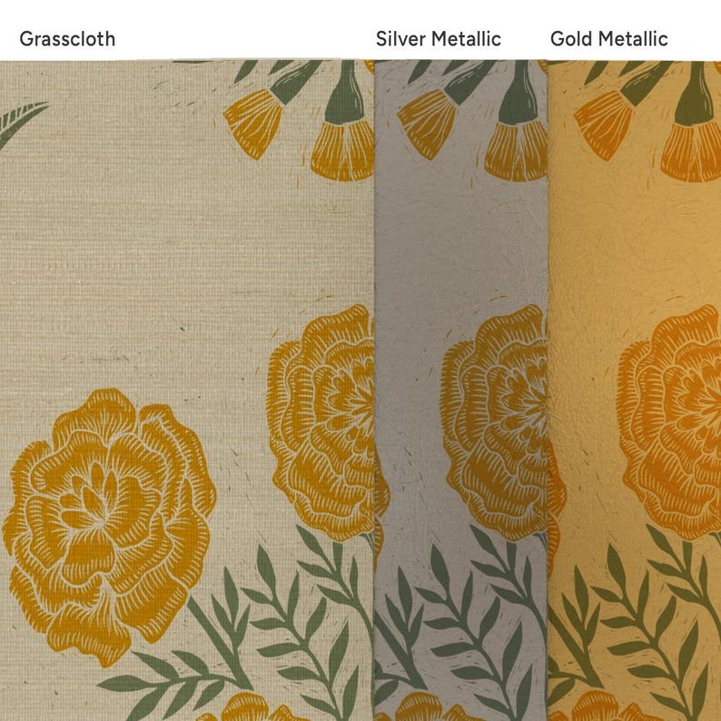 Block Print Floral Grasscloth Wallpaper - Golden Marigolds by Latheandquill - Yellow Gold Sage ...