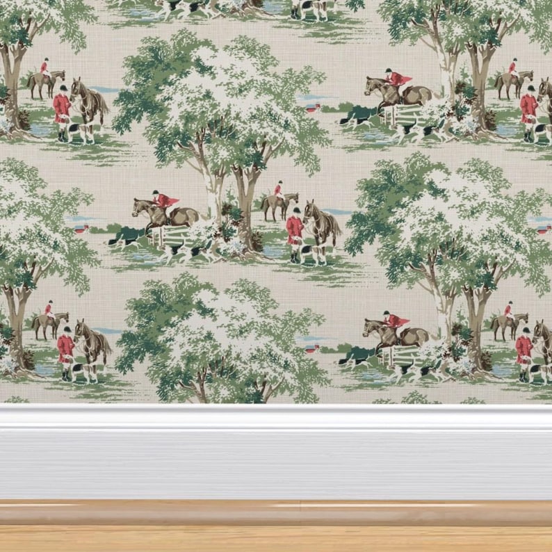 Equestrian Toile Grasscloth Wallpaper - Hunt Scene by Ponymacaroni ...