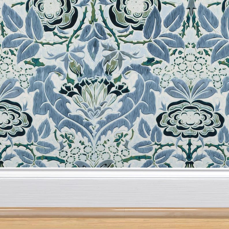 Victorian Floral Grasscloth Wallpaper - Blue Peony by Etienne - Antique ...