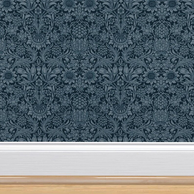 Vintage Victorian Grasscloth Wallpaper - Sunflower in Blue by ...