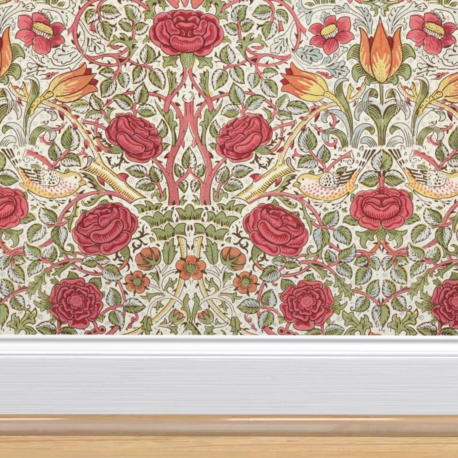 Victorian Birds Grasscloth Wallpaper - Rose Finch by Etienne - Arts and ...