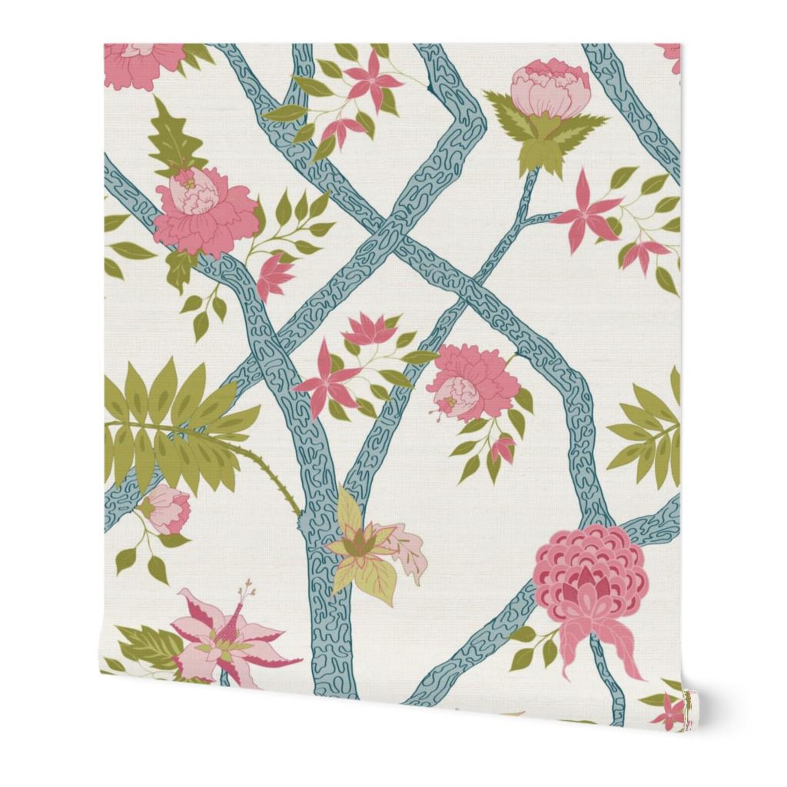 Colorful Preppy Grasscloth Wallpaper - Peony Branch White by Danika ...