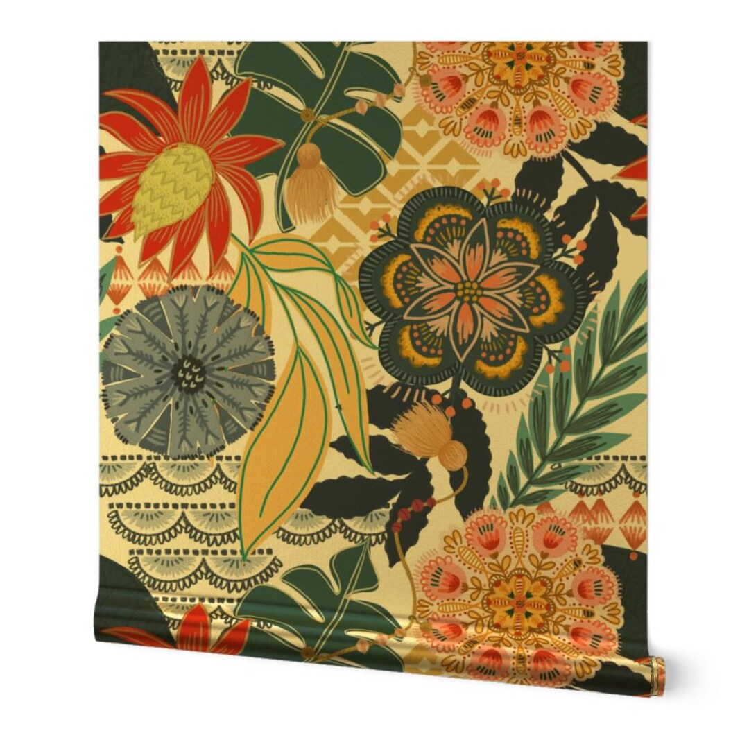 Summer Bohemian Gold or Silver Metallic Wallpaper - Boho Tropic Blue by ...