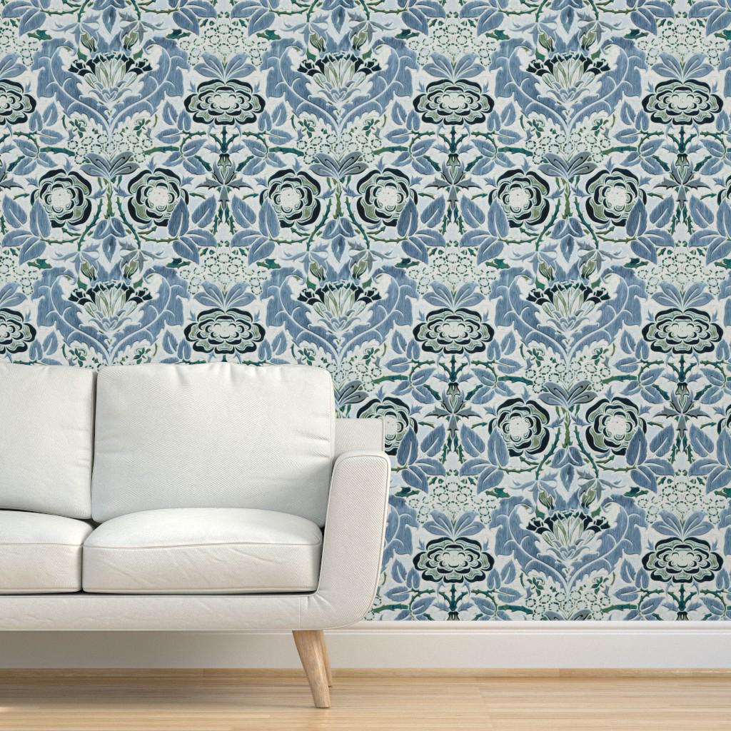 Victorian Floral Grasscloth Wallpaper - Blue Peony by Etienne - Antique ...