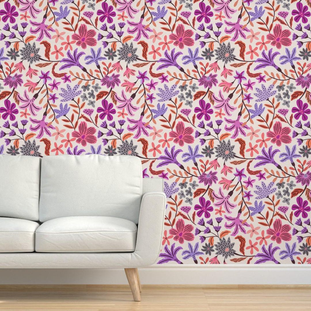 Purple Grasscloth Wallpaper - Bold Maximalist Floral by Ester_muxune ...