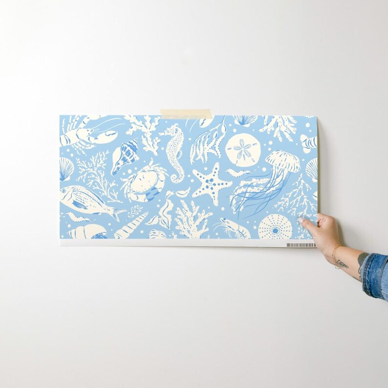 Baby Blue Beach Grasscloth Wallpaper - Painted Sea Creatures by ...