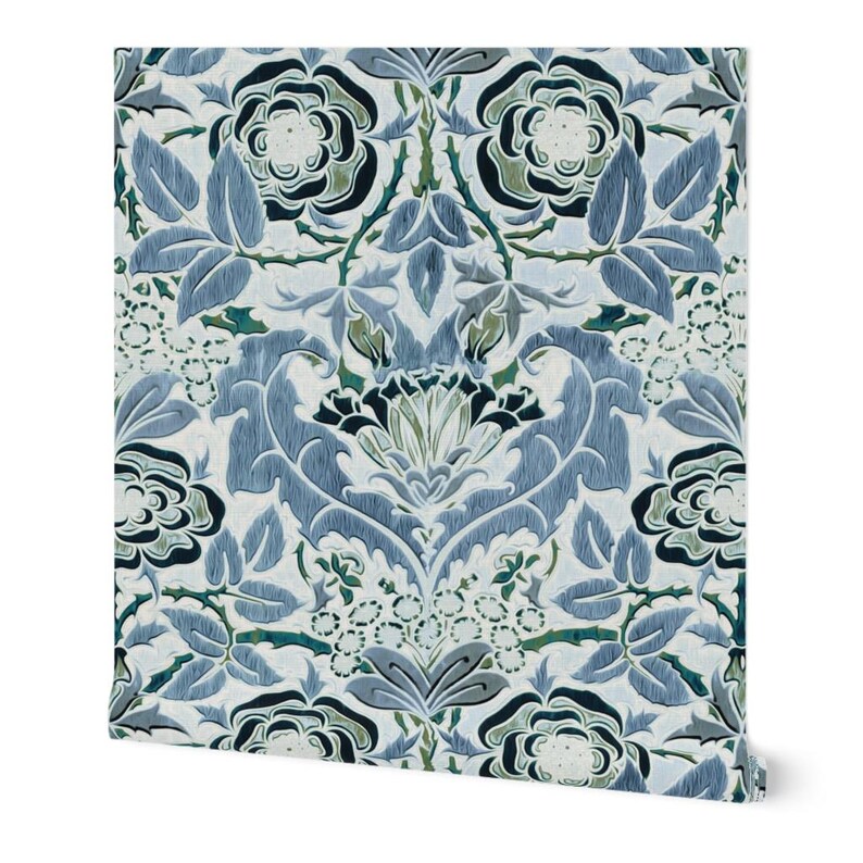 Victorian Floral Grasscloth Wallpaper - Blue Peony by Etienne - Antique ...