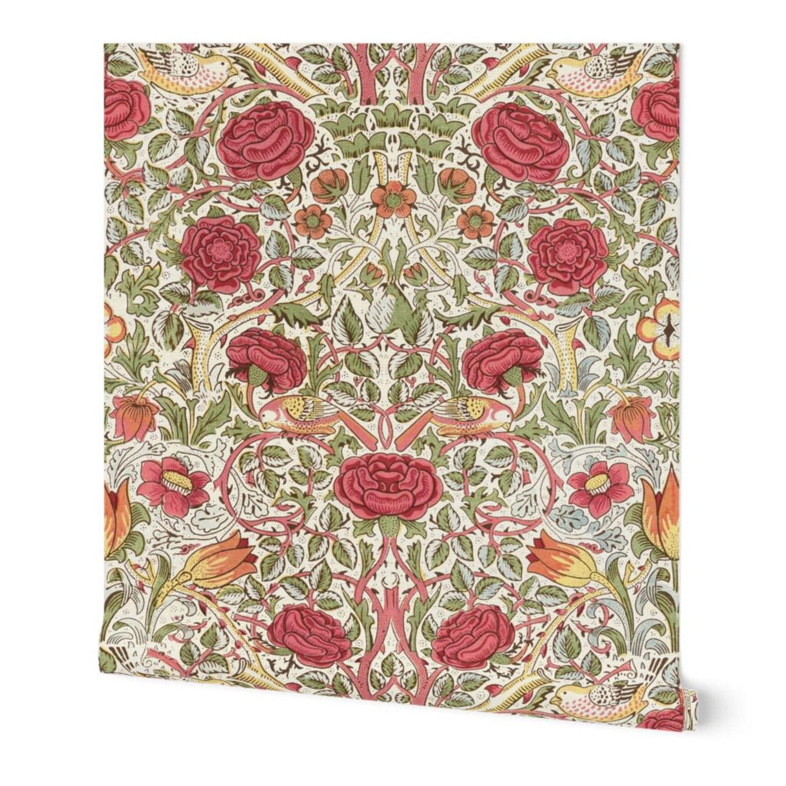 Victorian Birds Grasscloth Wallpaper - Rose Finch by Etienne - Arts and ...