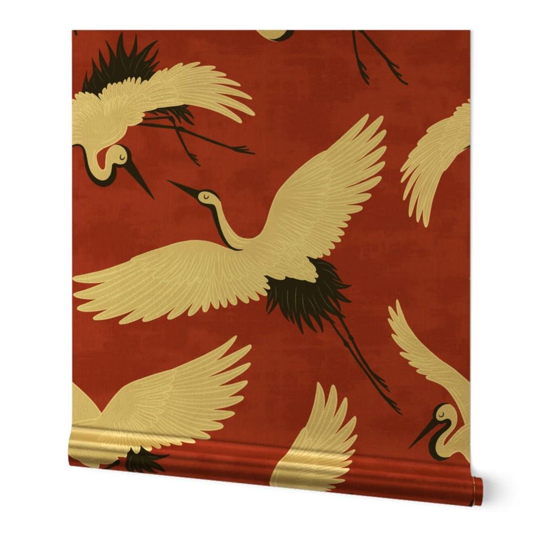 Elegant Crane Gold or Silver Metallic Wallpaper - Cranes Red by Kimsa ...
