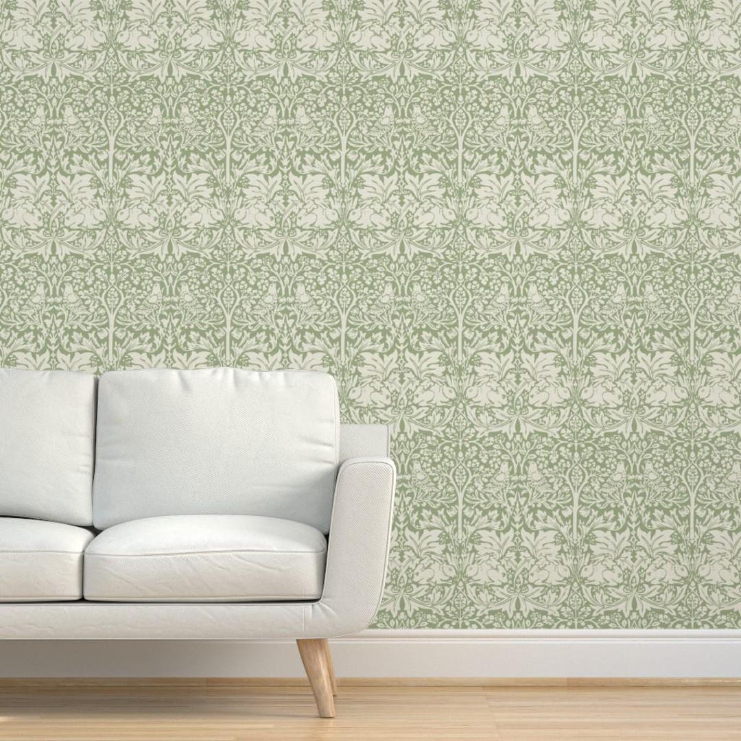 Victorian Garden Grasscloth Wallpaper - Rabbit in Green by ...