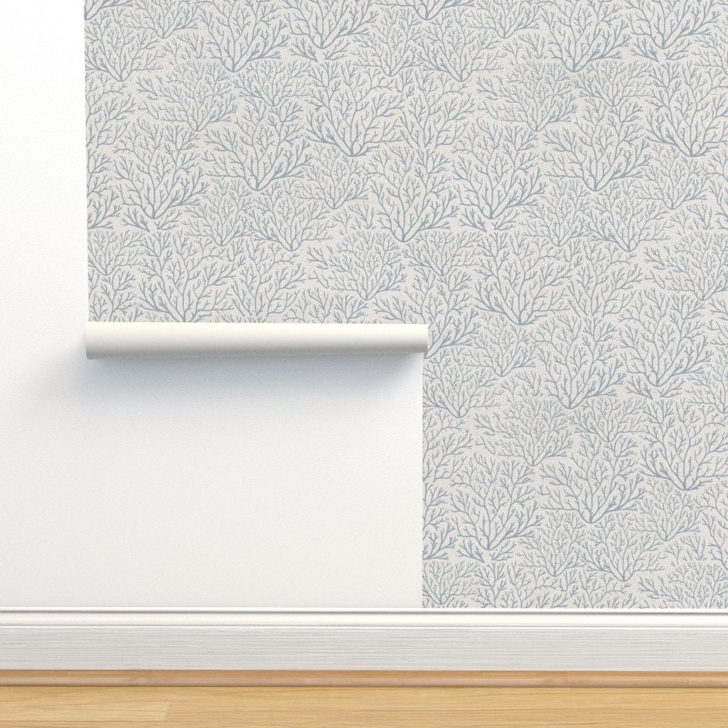 Coastal Blue Gray Grasscloth Wallpaper Coral Reef By Kittenlane Coral Reef Fan Coral Warm Ivory
