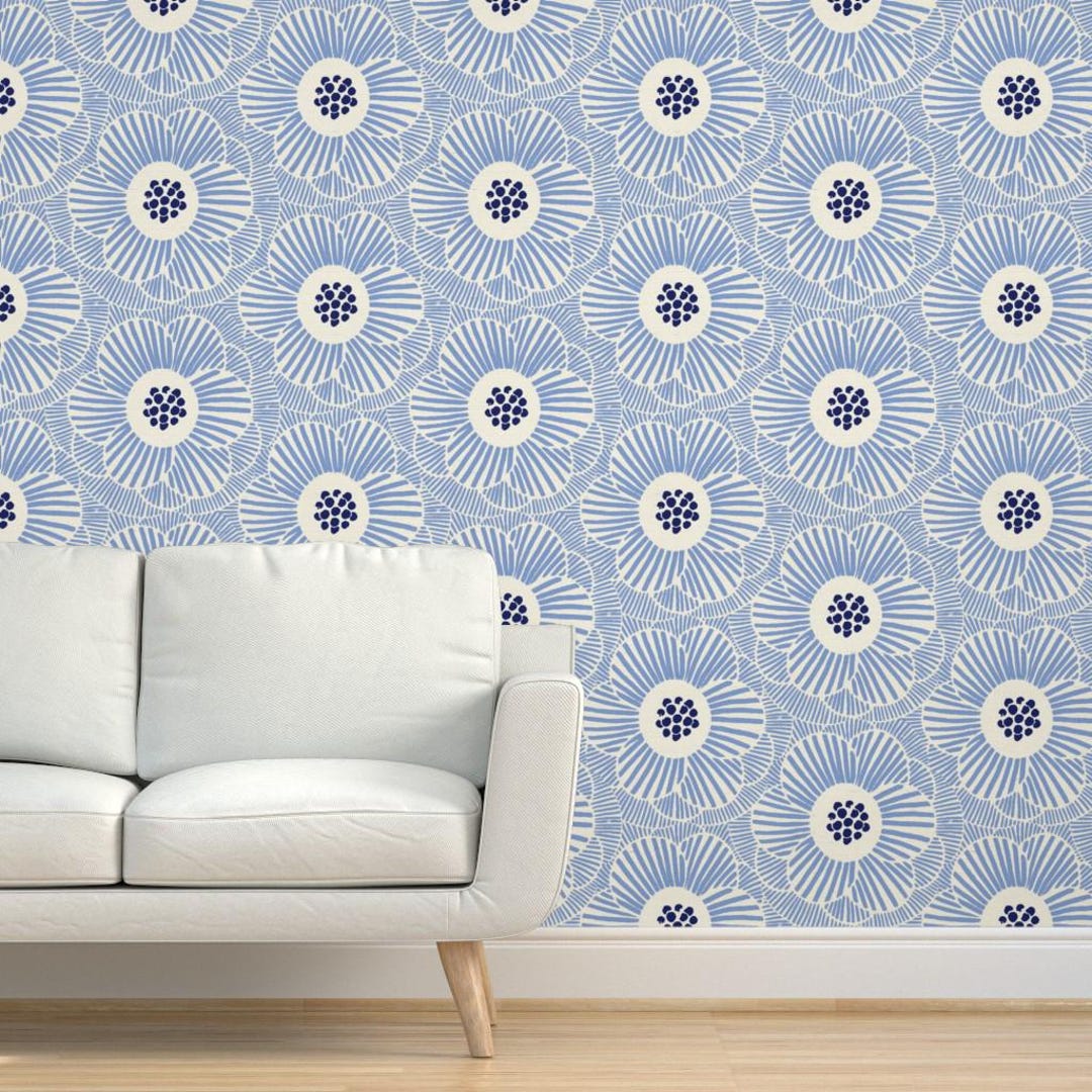 Blue Camellia Grasscloth Wallpaper - Overlapping Camellia by Vivdesign ...