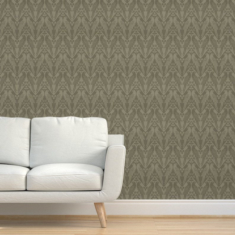 Dark Sage Damask Grasscloth Wallpaper Vintage Birds by Adrienne_donovan ...