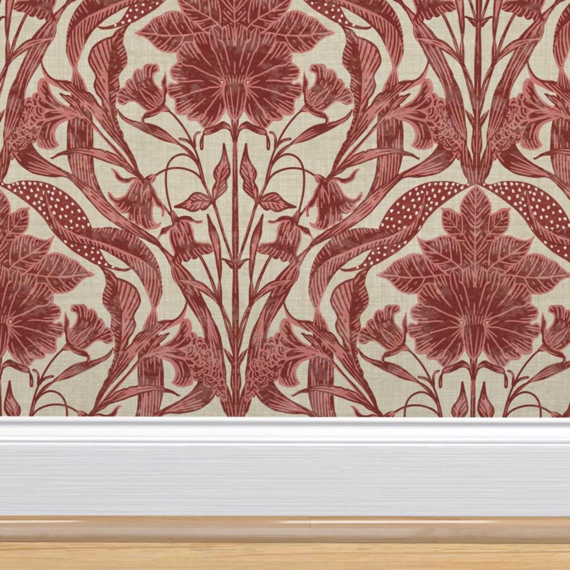 Ruby Red Floral Grasscloth Wallpaper - Block Print by Smokeinthewoods ...