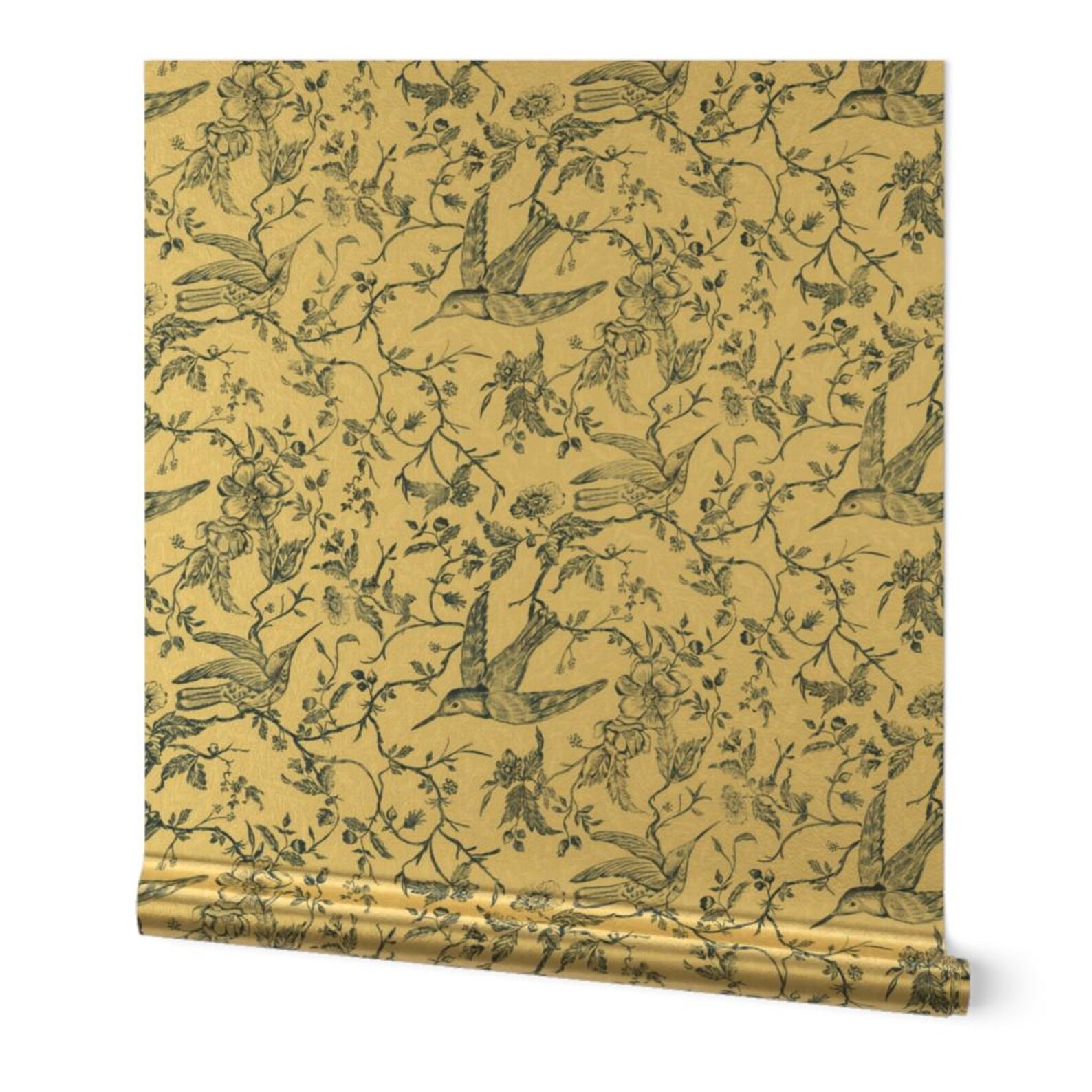 Blue Floral Toile Gold or Silver Metallic Wallpaper - Hummingbird Toile ...
