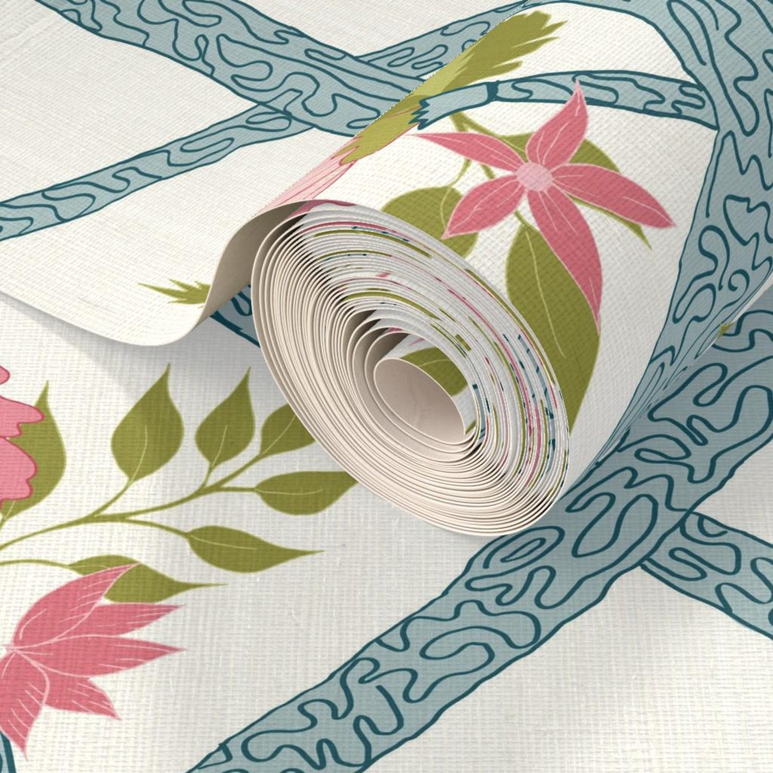 Colorful Preppy Grasscloth Wallpaper - Peony Branch White by Danika ...