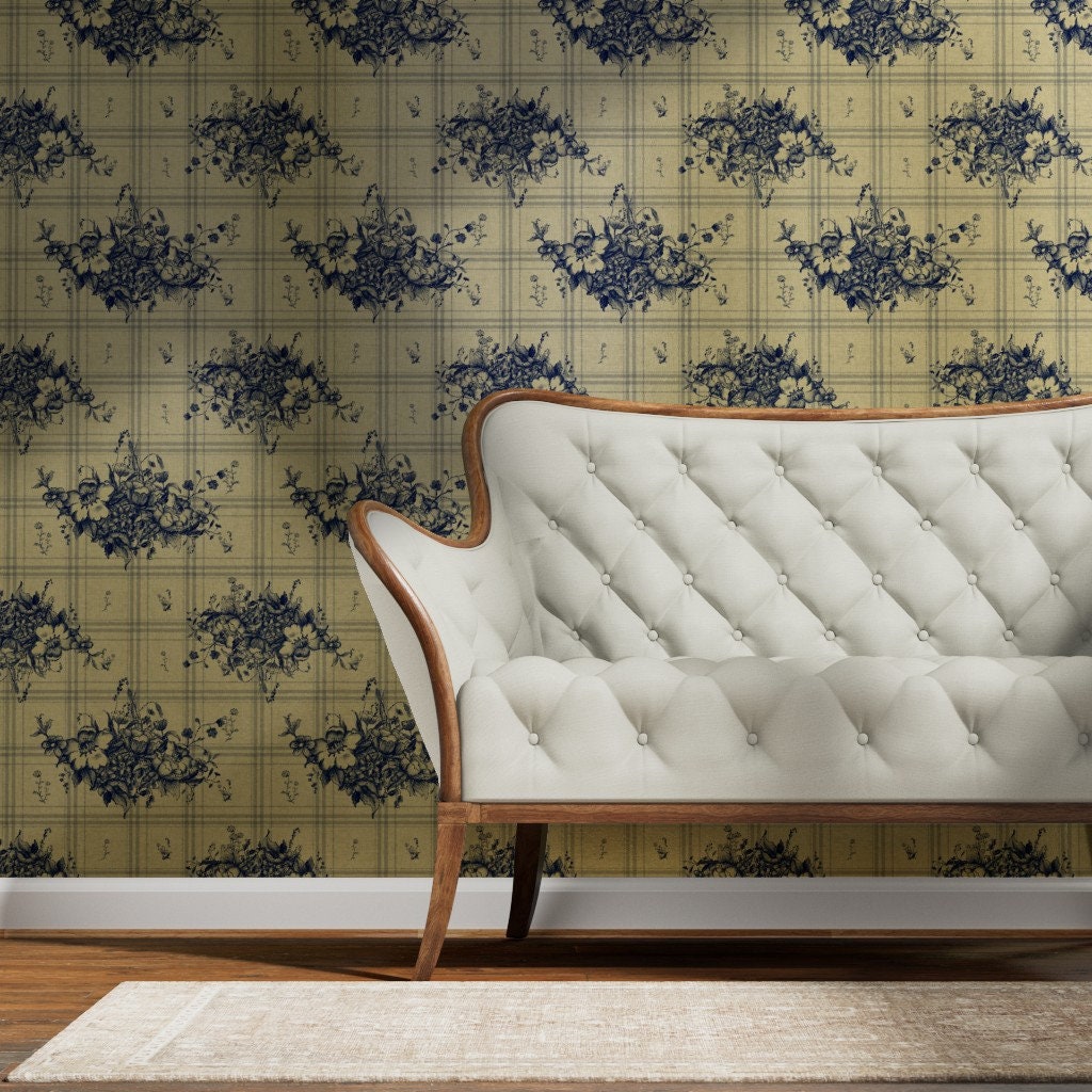 Vintage Blue Gold or Silver Metallic Wallpaper Cottage Checkers by ...