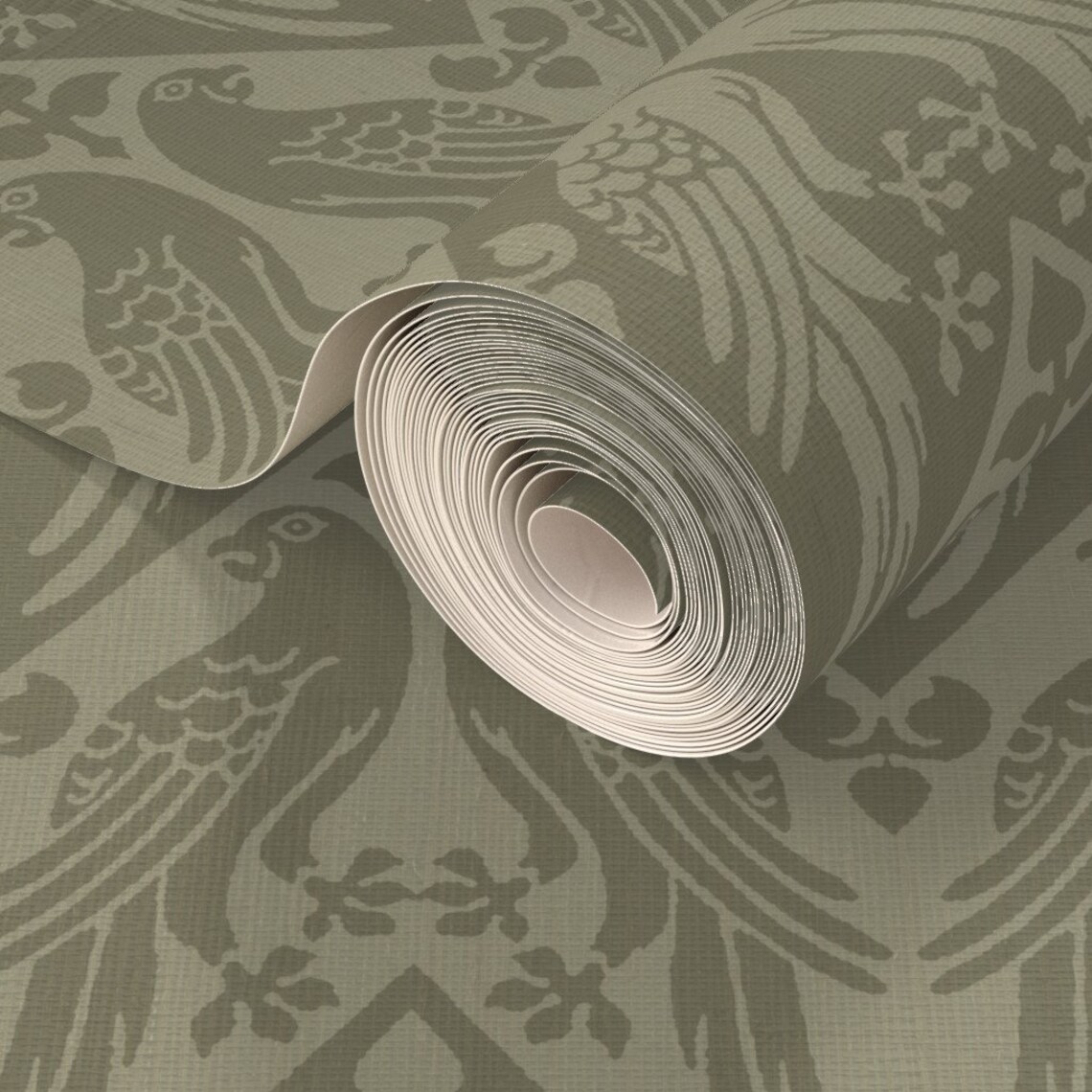Dark Sage Damask Grasscloth Wallpaper Vintage Birds by Adrienne_donovan ...