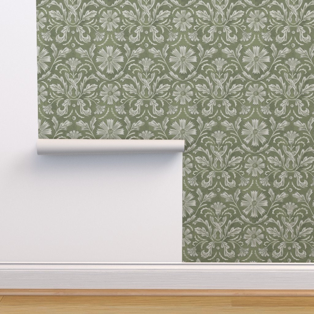 Sage Green Damask Gold or Silver Metallic Wallpaper Sage Damask by Jen ...