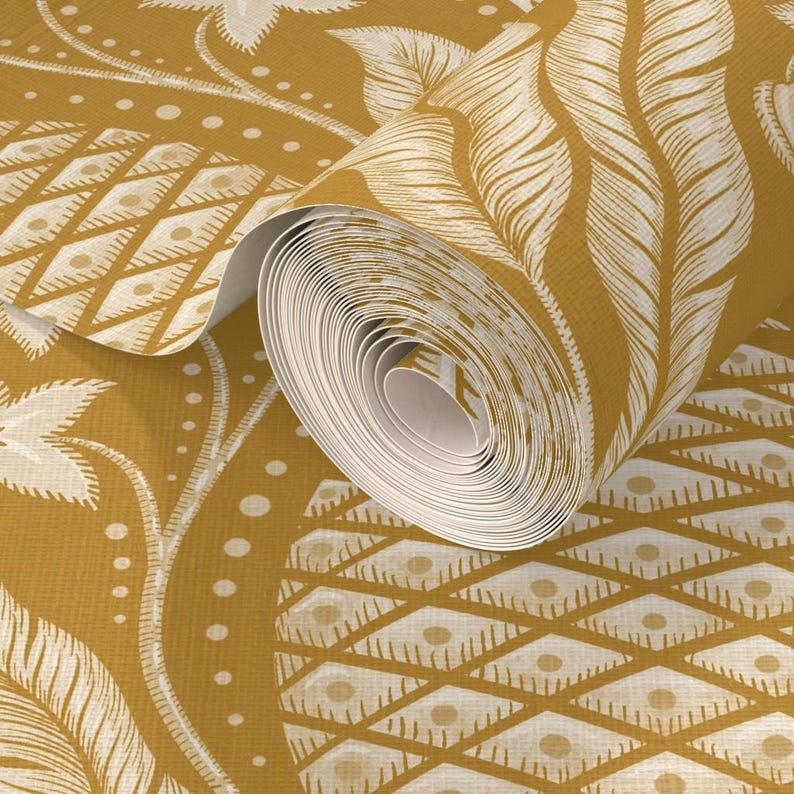 Pineapple Damask Grasscloth Wallpaper - Tropical Fruit Damask by Me ...