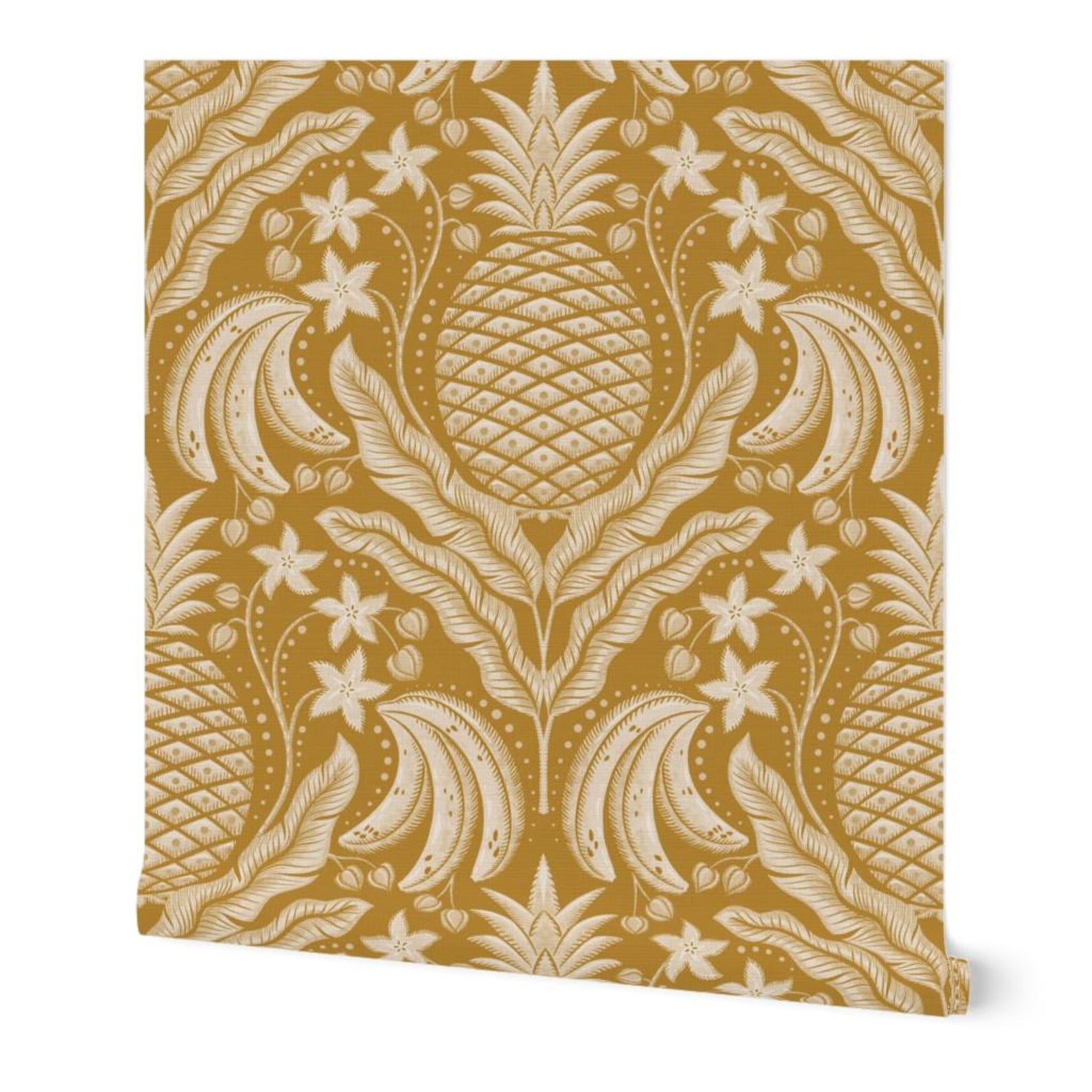 Pineapple Damask Grasscloth Wallpaper - Tropical Fruit Damask by Me ...