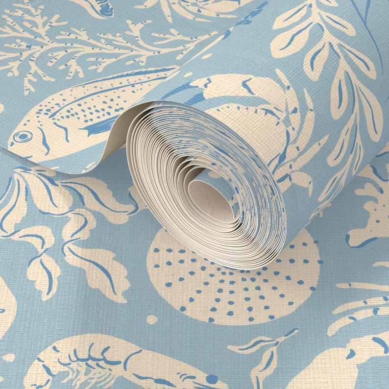 Baby Blue Beach Grasscloth Wallpaper - Painted Sea Creatures by ...