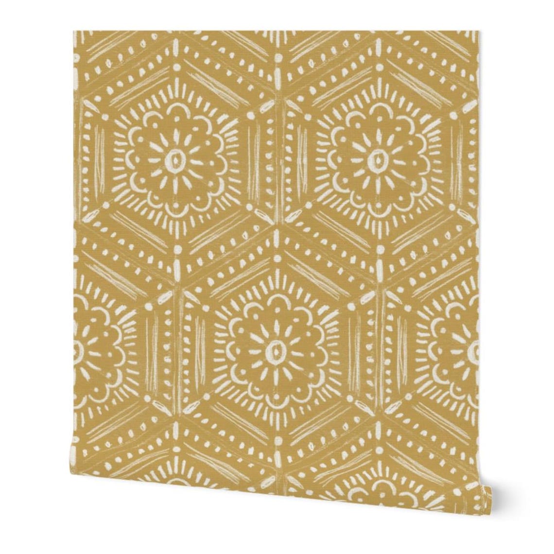 Boho Mustard Gold Grasscloth Wallpaper - Boho Flower by Ruth_cadioli ...