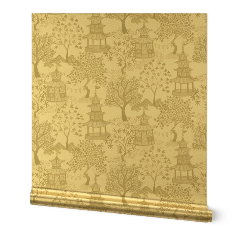 Chinoiserie Gold or Silver Metallic Wallpaper Pagoda Forest Cream and ...