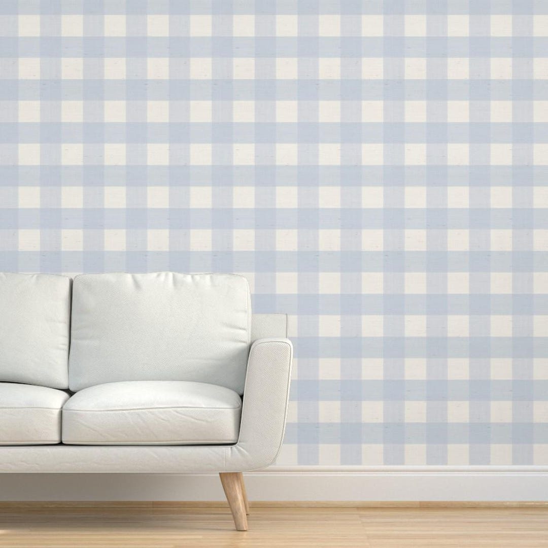 Baby Blue Check Grasscloth Wallpaper - Buffalo Plaid Soft Blue by ...