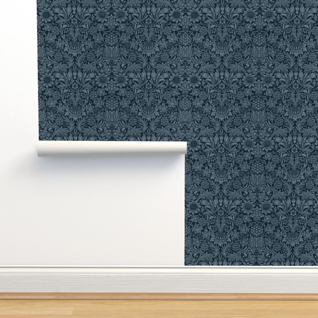 Vintage Victorian Grasscloth Wallpaper - Sunflower in Blue by ...