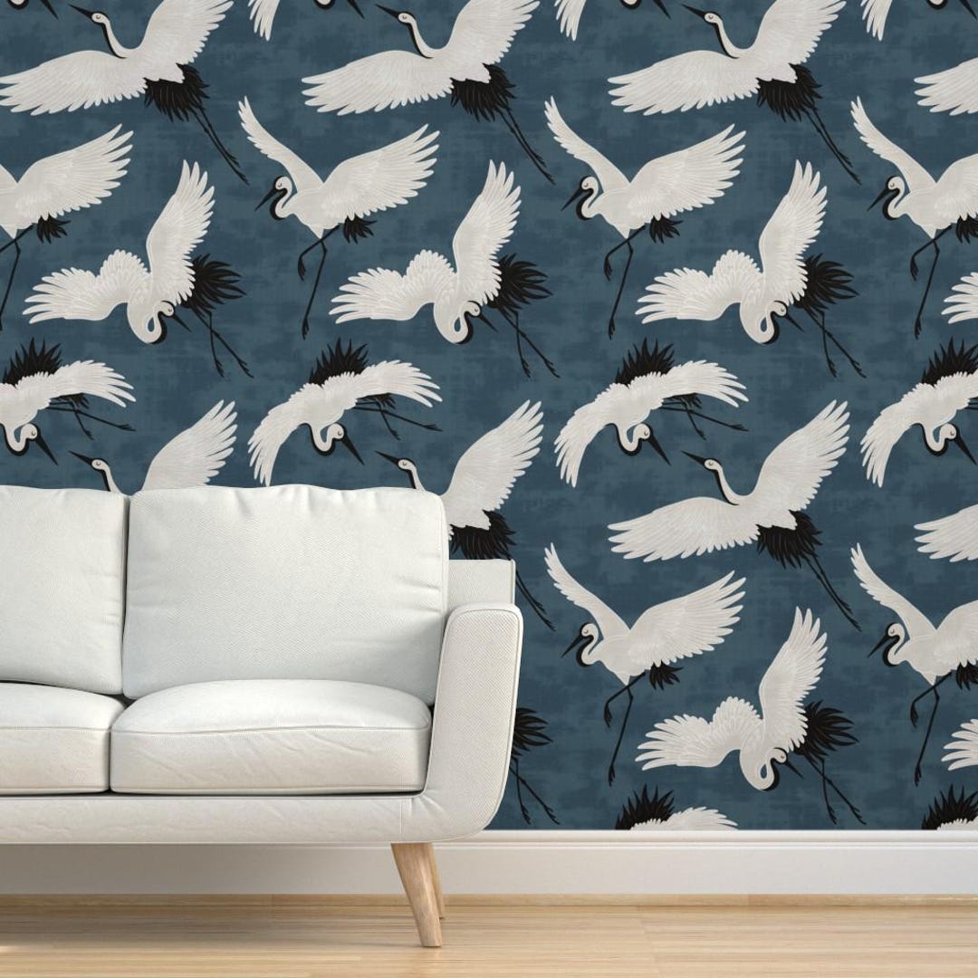 Flying Birds Grasscloth Wallpaper - Cranes Dark Blue by Kimsa - White ...