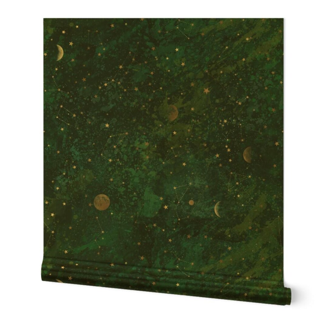 Celestial Sky Gold or Silver Metallic Wallpaper - Dark Green Galaxy by ...