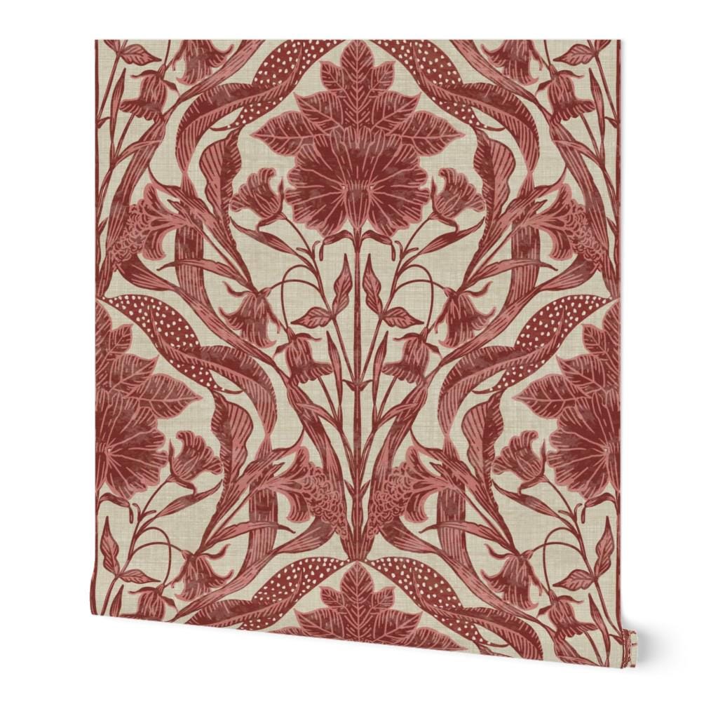 Ruby Red Floral Grasscloth Wallpaper - Block Print by Smokeinthewoods ...