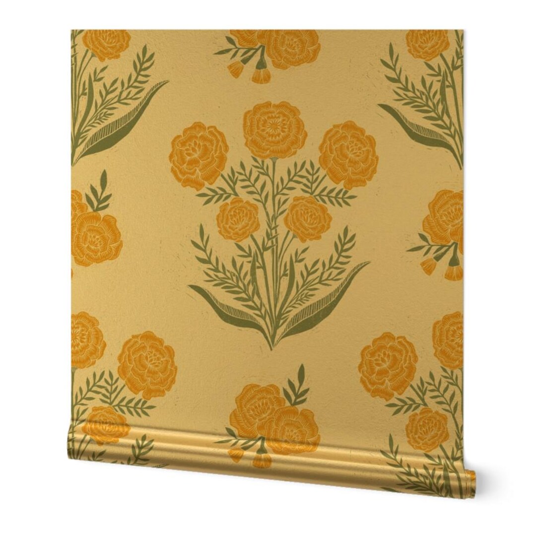 Block Print Floral Gold or Silver Metallic Wallpaper - Golden Marigolds ...