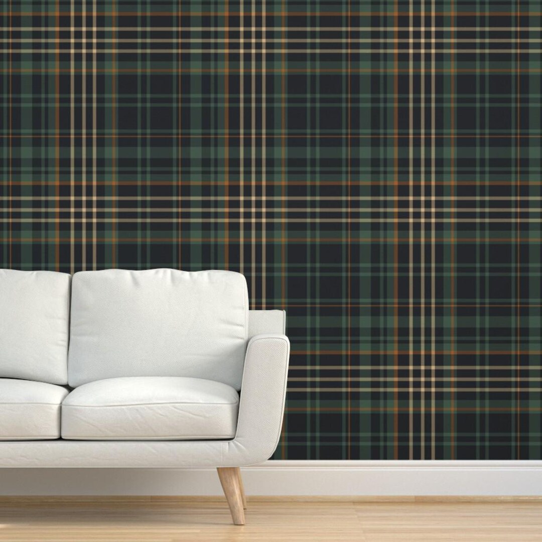 Dark Green Check Grasscloth Wallpaper - Modern Tartan Plaid by Tessab ...