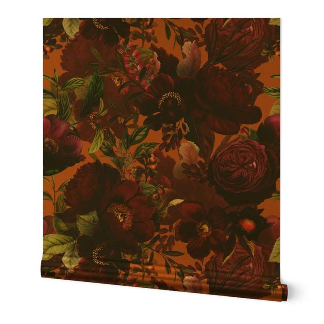 Moody Rust Rose Gold or Silver Metallic Wallpaper - Maximalist Burgundy ...