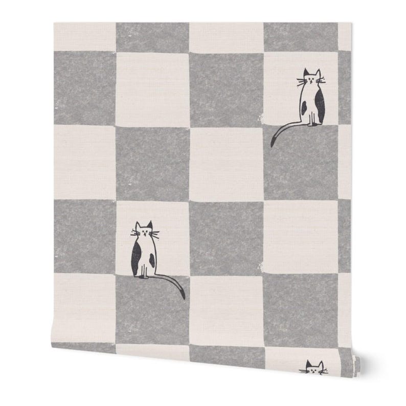 Checkered Cat Grasscloth Wallpaper - Checkerboard Kitty by Marielemoal ...