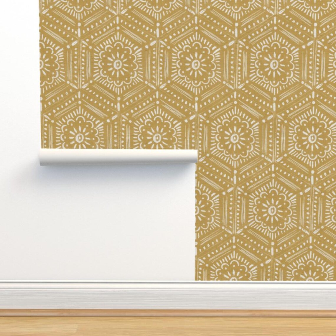 Boho Mustard Gold Grasscloth Wallpaper - Boho Flower by Ruth_cadioli ...